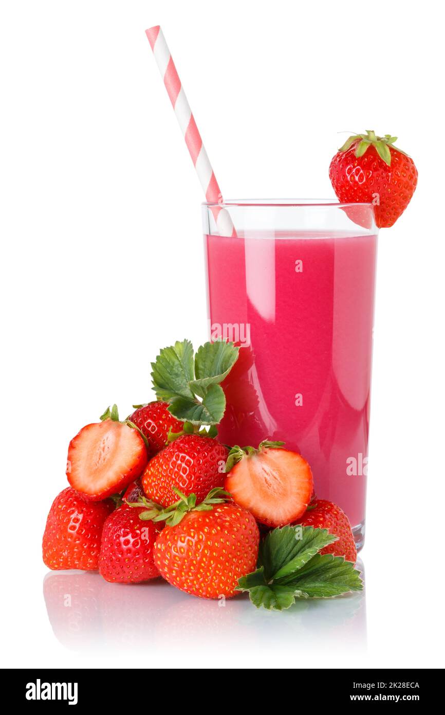 Strawberry smoothie fruit juice drink straw strawberries in a glass ...