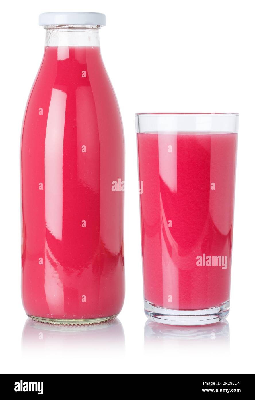 Strawberry smoothie fruit juice drink in a bottle and glass isolated on ...