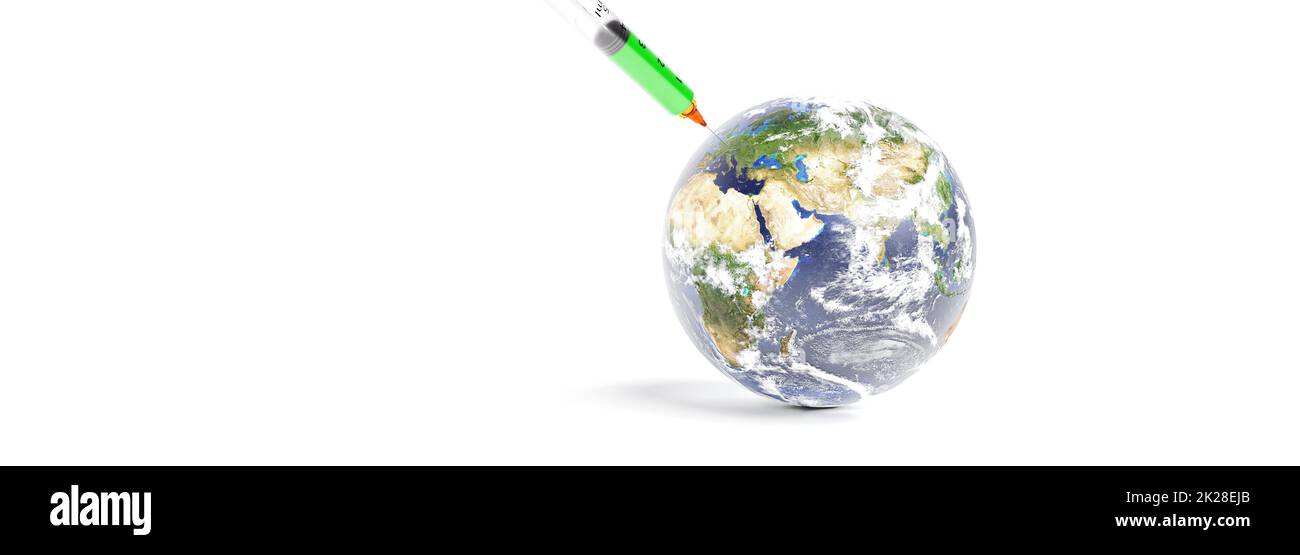 Medical syringe with a needle vaccinated the planet Earth. 3D rendering ...