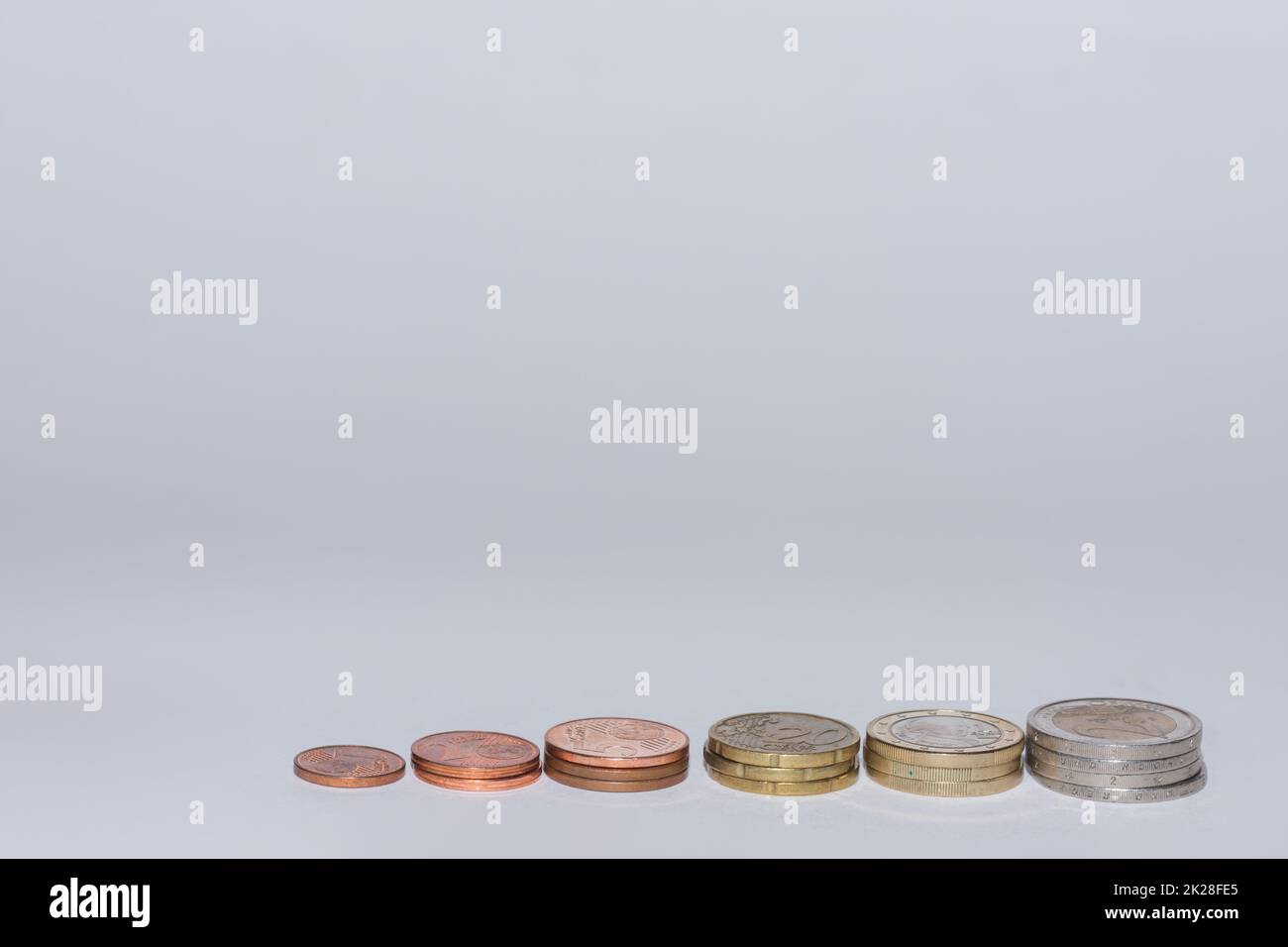 many euro coins stacked in a row increasing in value with gray ...