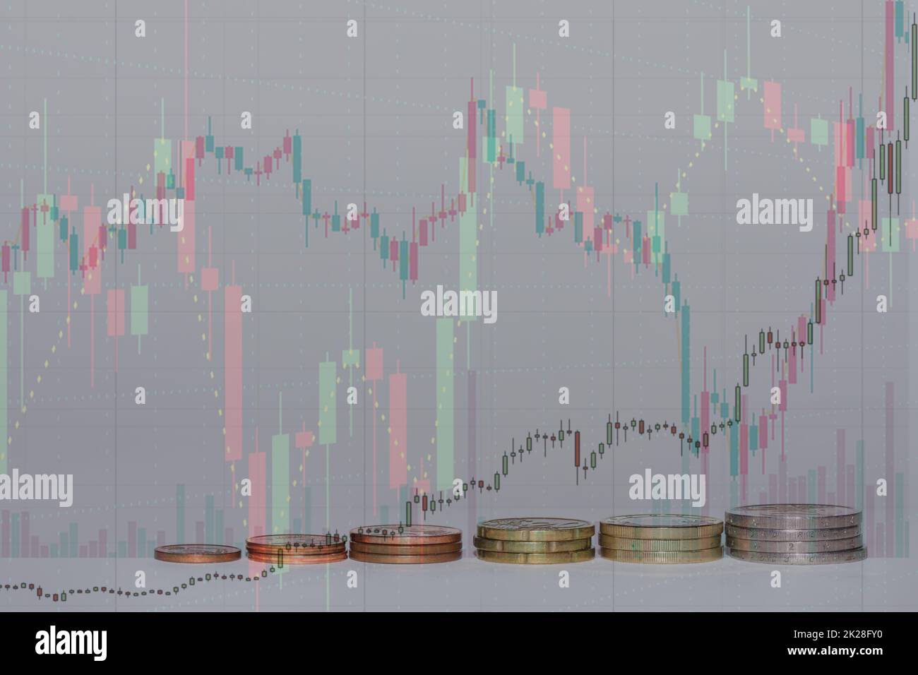 euro coins stacked in a row increasing in value with many charts and ...
