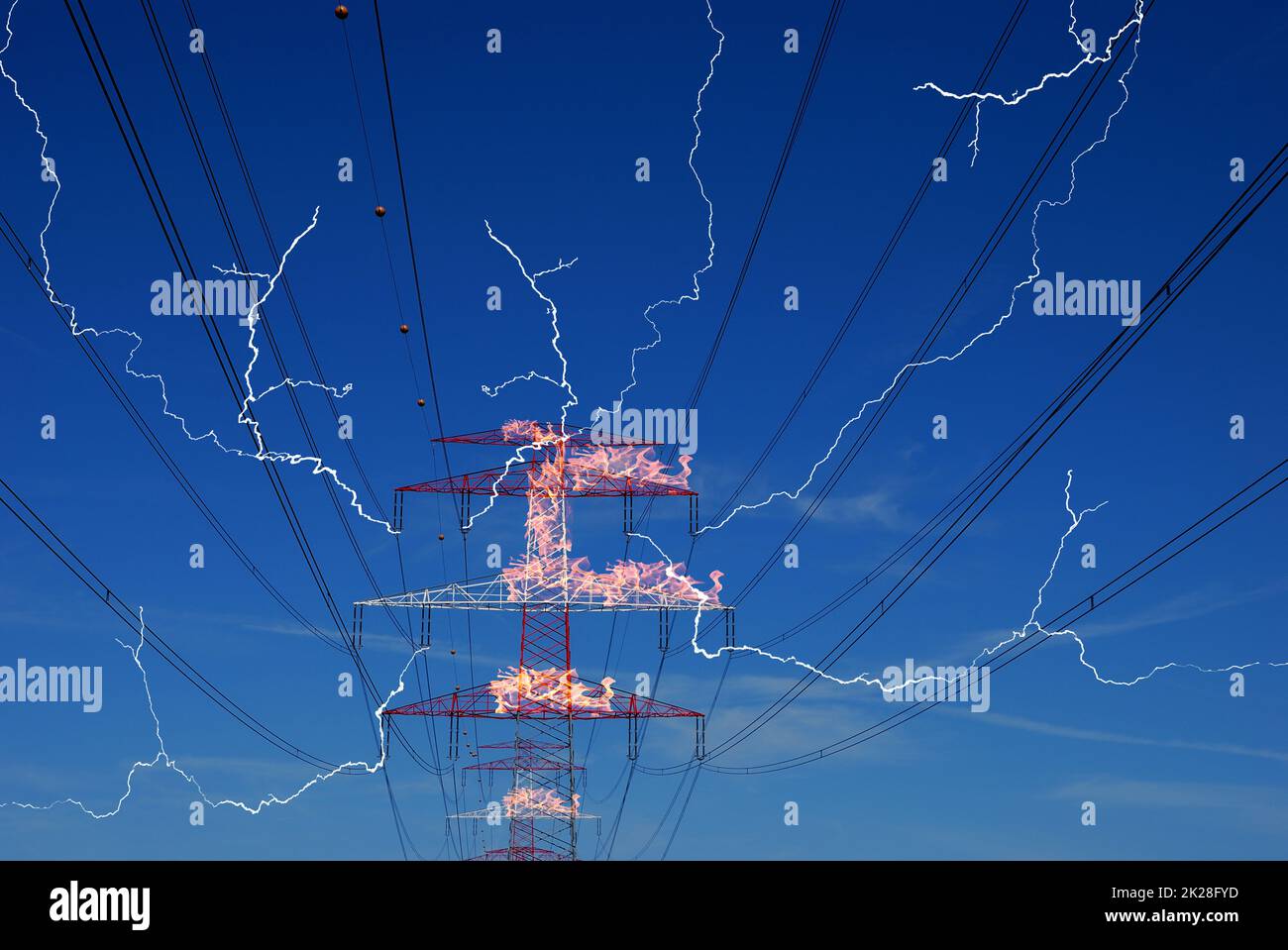 burning electricity pylons with many bright lightnings electricity ...
