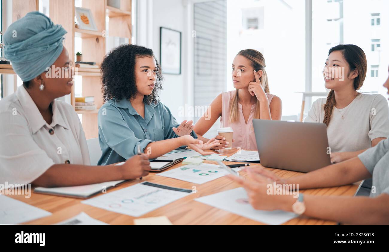 Meeting, planning and women talking about ideas with marketing ...