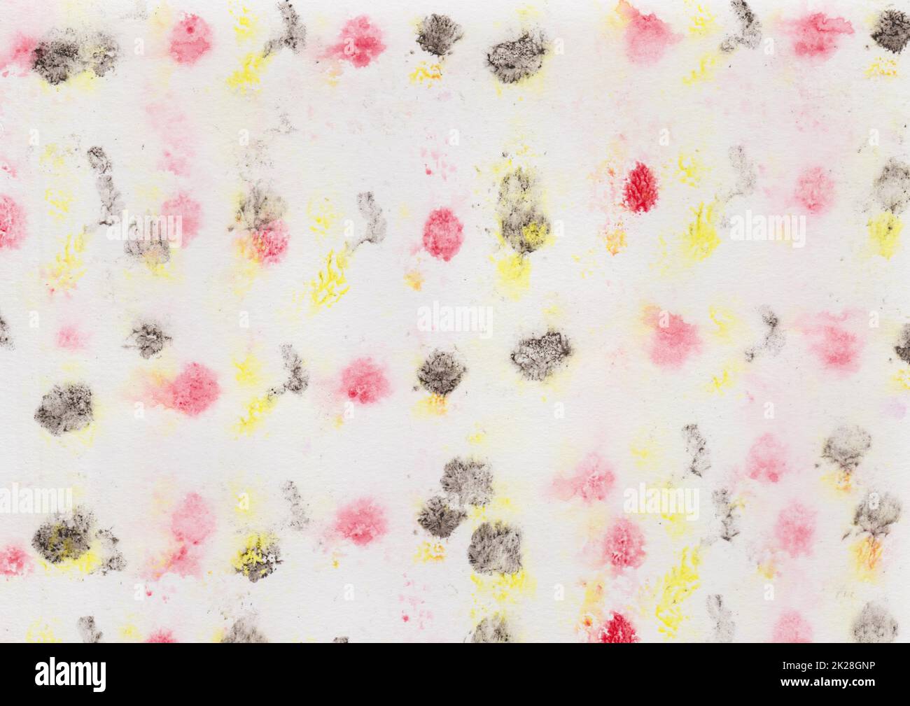 Watercolor painting with paint blots in red, yellow and black which had ...
