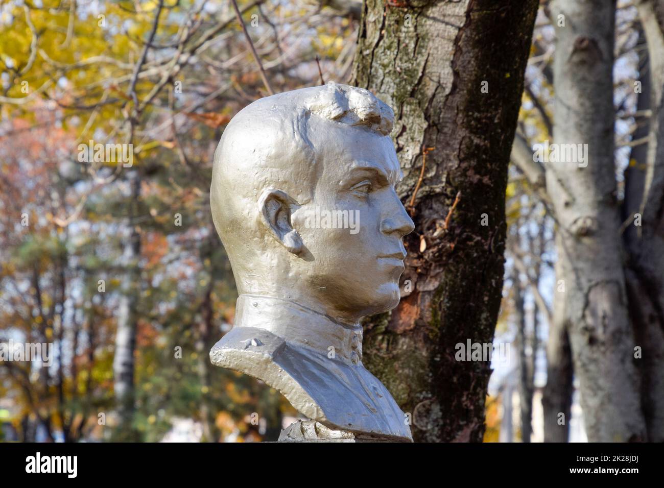 The face of the stone man. Concrete soldier bust covered with pa Stock ...