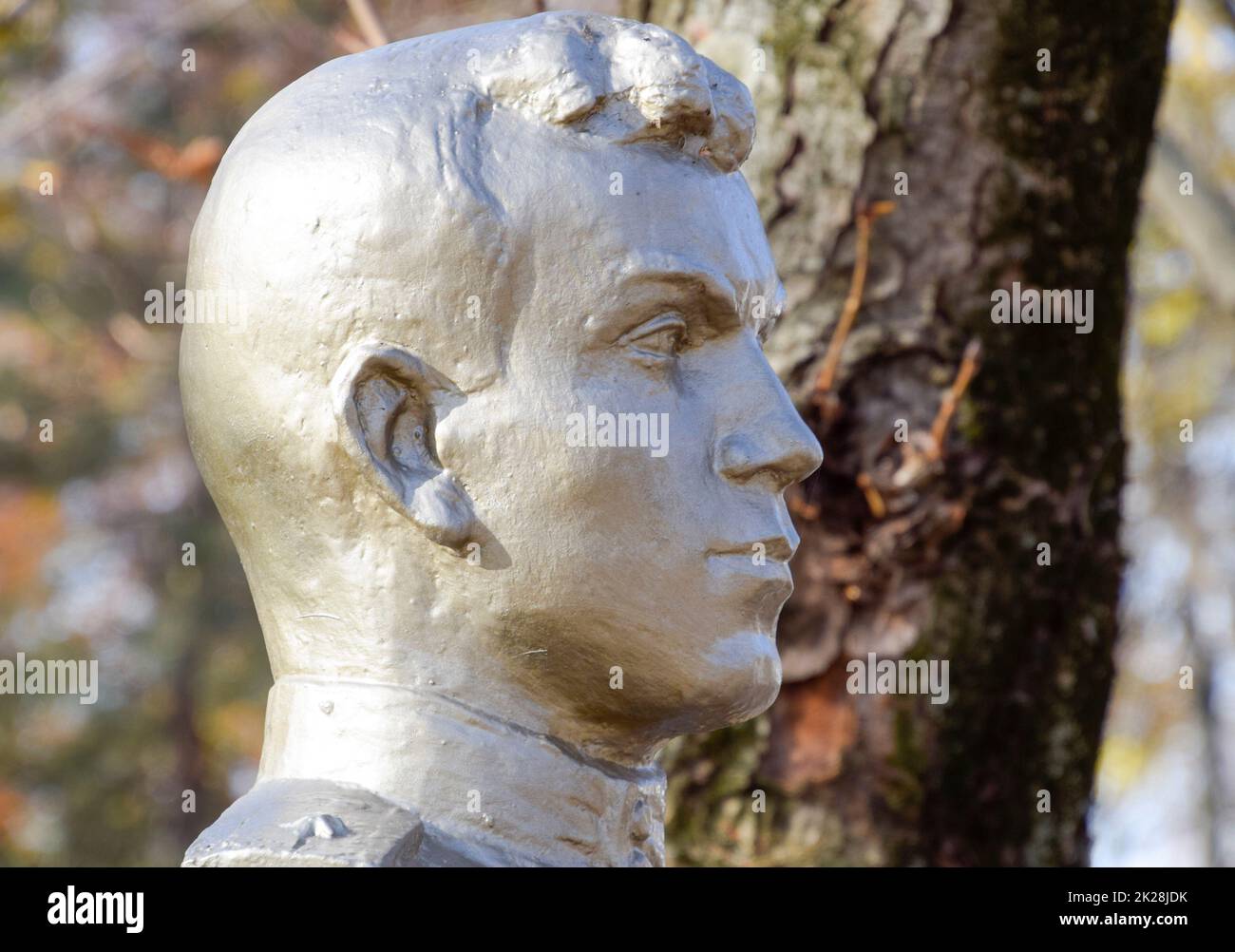 The face of the stone man. Concrete soldier bust covered with pa Stock ...