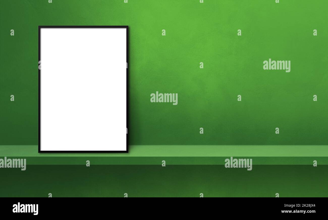 Black picture frame leaning on a green shelf. 3d illustration ...