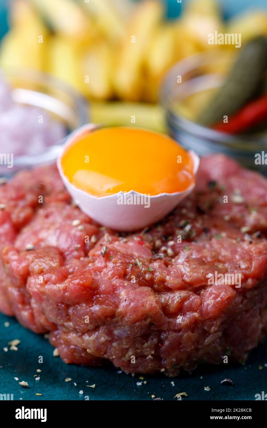 steak tartare with egg Stock Photo - Alamy