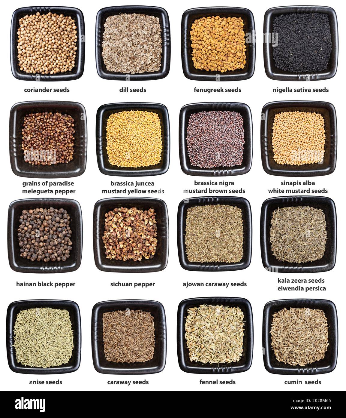 black bowls with various spicy seeds with names Stock Photo - Alamy