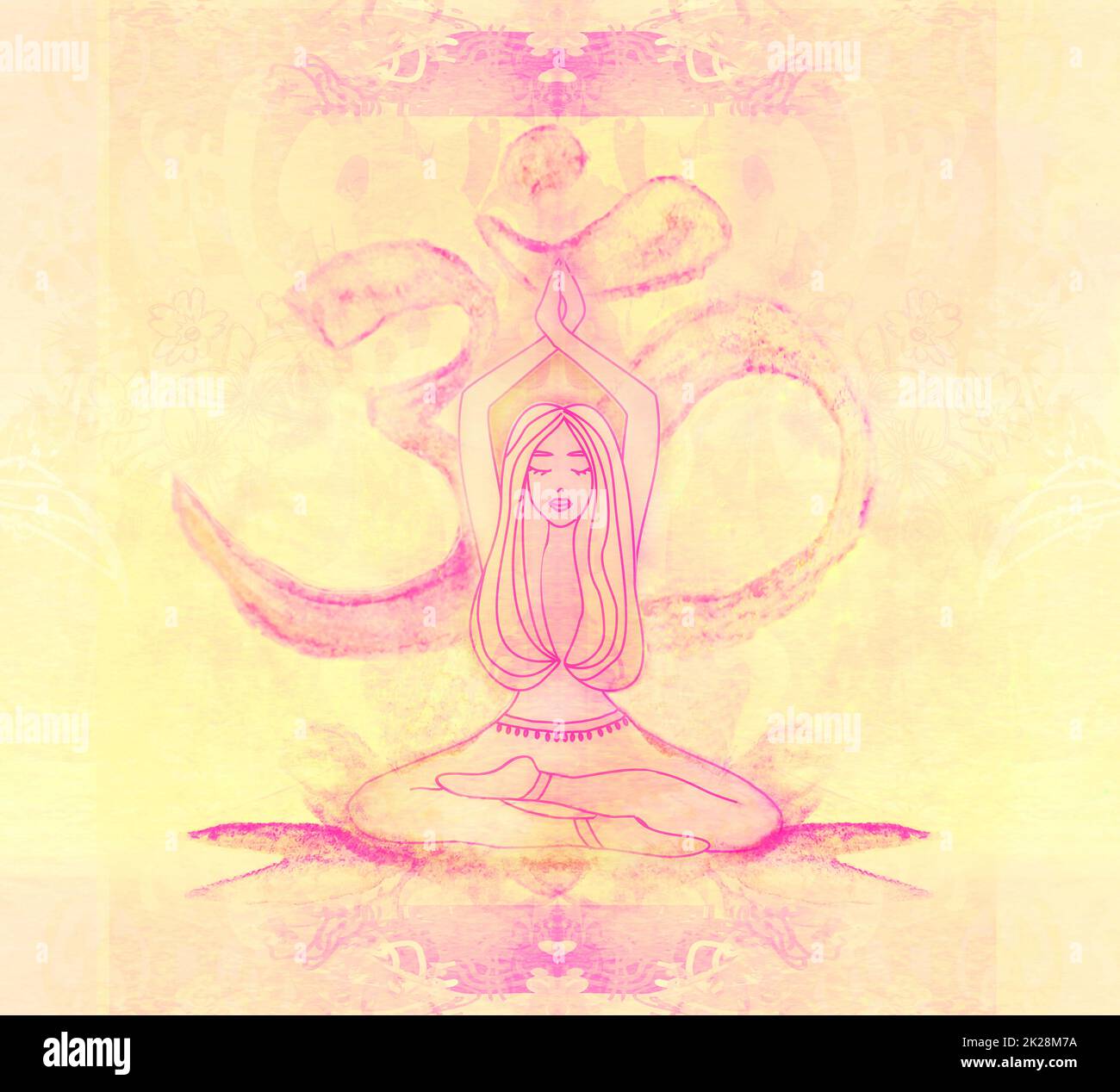 woman meditating - artistic vintage card with a OM symbol and a ...