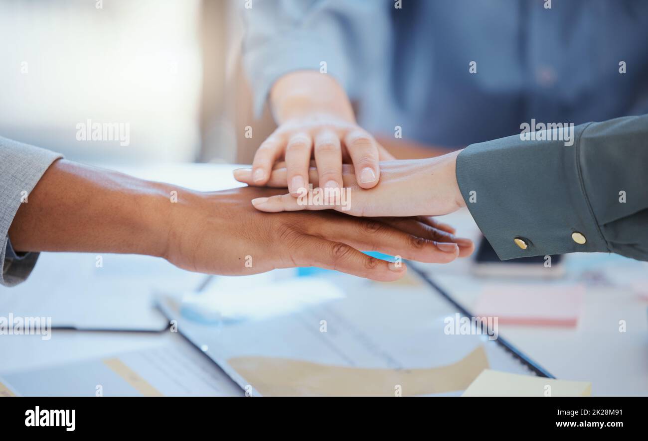 Hands, diversity and teamwork in business team connected together ...