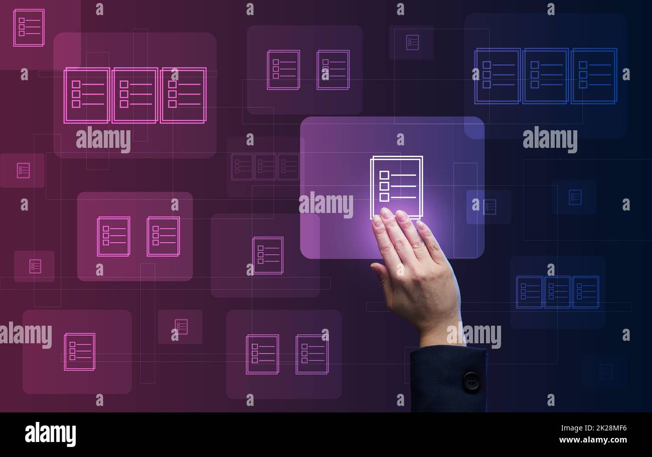 female hand checks documents on a holographic screen. The concept of ...