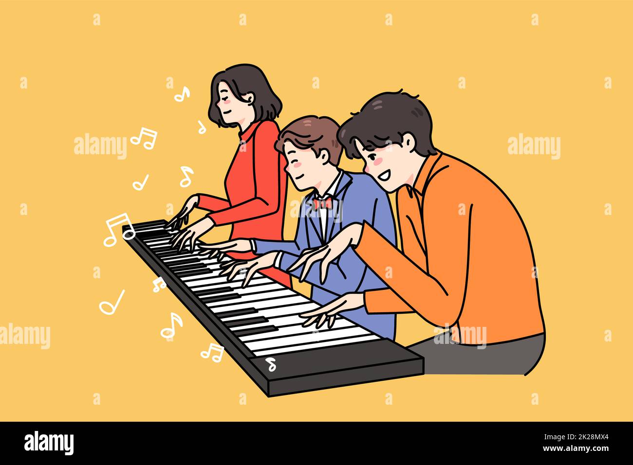 Happy family musician play same piano Stock Photo - Alamy