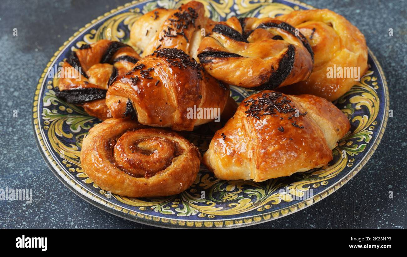French pastries in Israel. Sweet pastry rolls and croissants Stock ...
