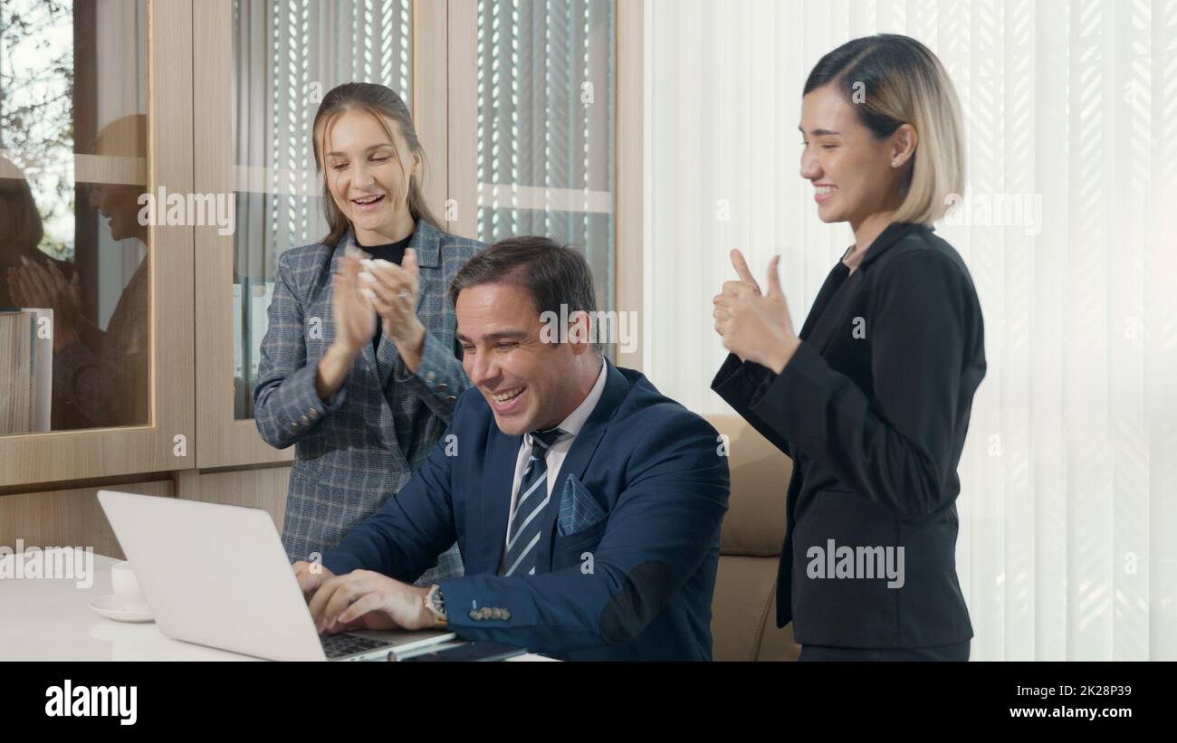 Celebrating winners success project. Three happy business people team ...