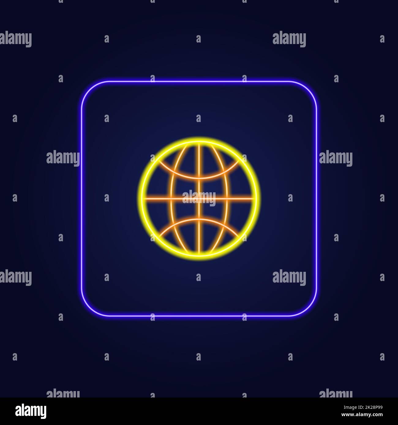 Stylish yellow neon icon in a blue frame in the form of a globe ...