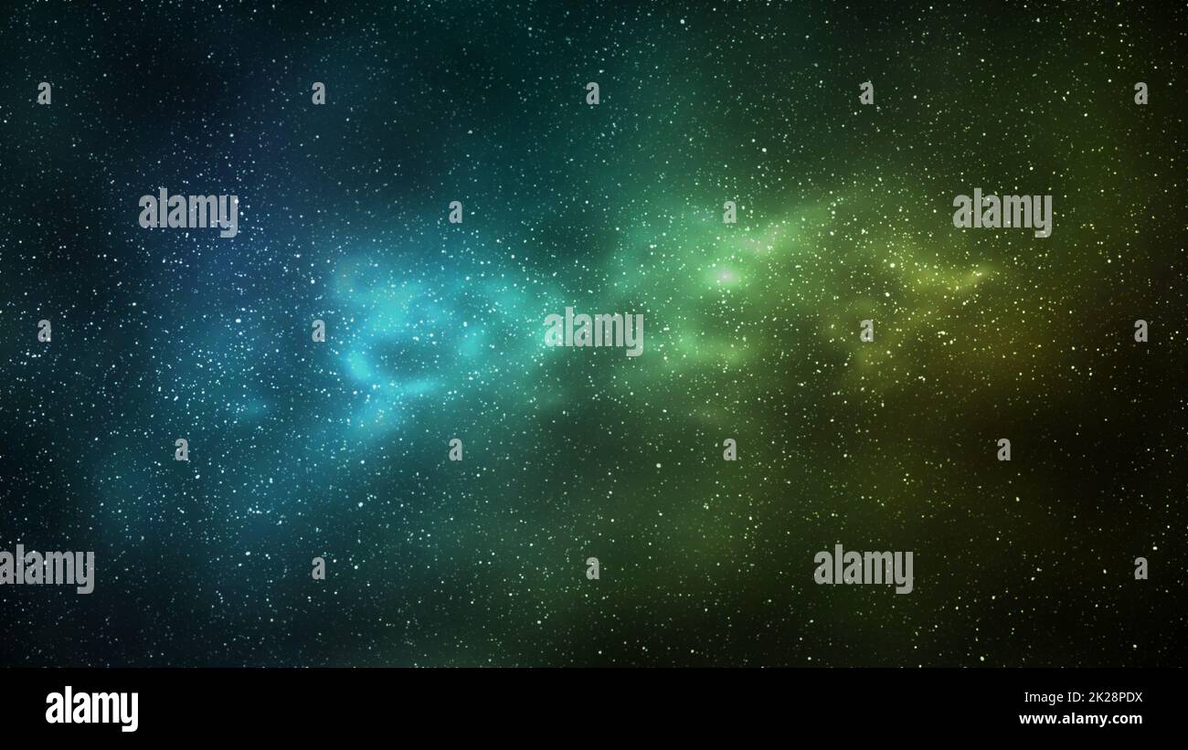 Night starry sky and bright yellow green galaxy, horizontal background ...