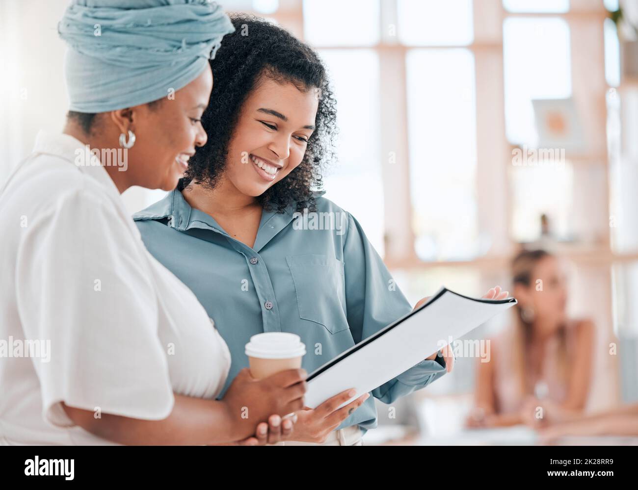 Partnership, discussion and colleagues looking at data document while ...