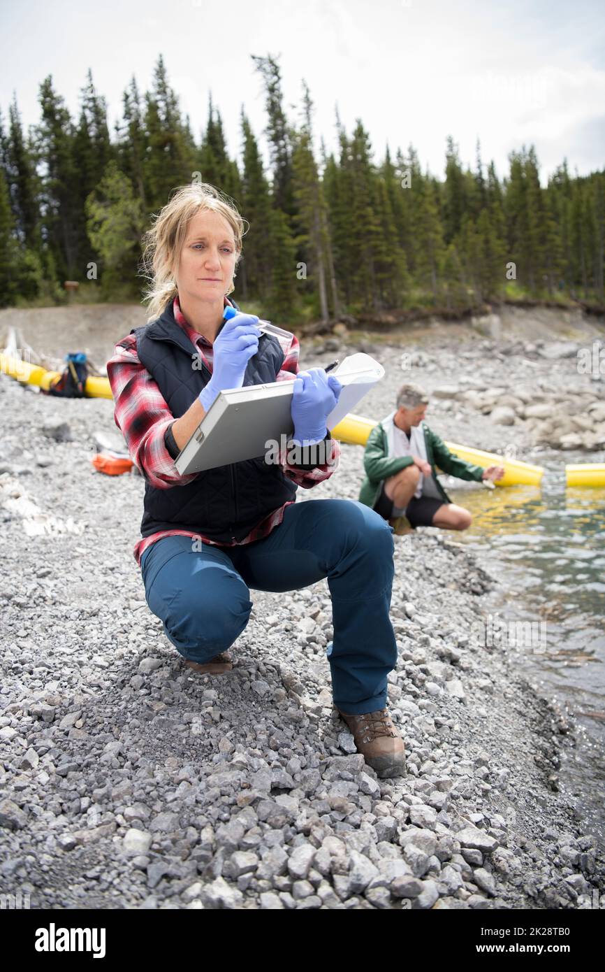Female ecologist testing water quality at lakeside Stock Photo - Alamy