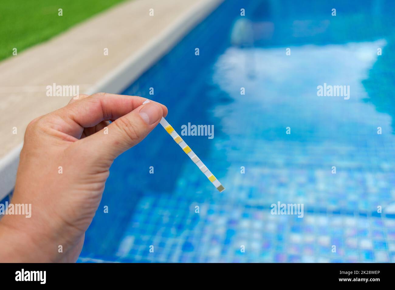 Hand with measuring pool strips to check water quality in a swimming ...