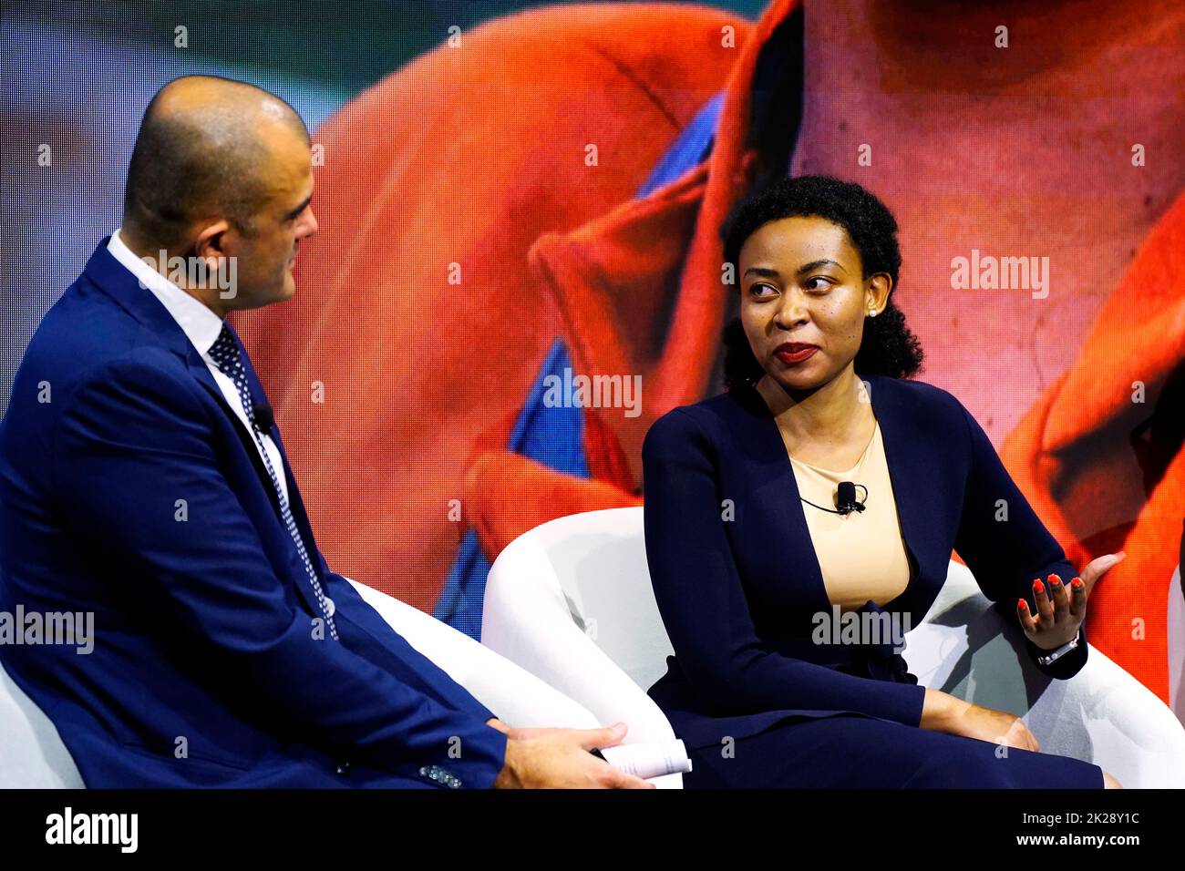 09/19/2022 New York, New York Dineo Lioma (R) speaks onstage at The Unstoppable Africa ...