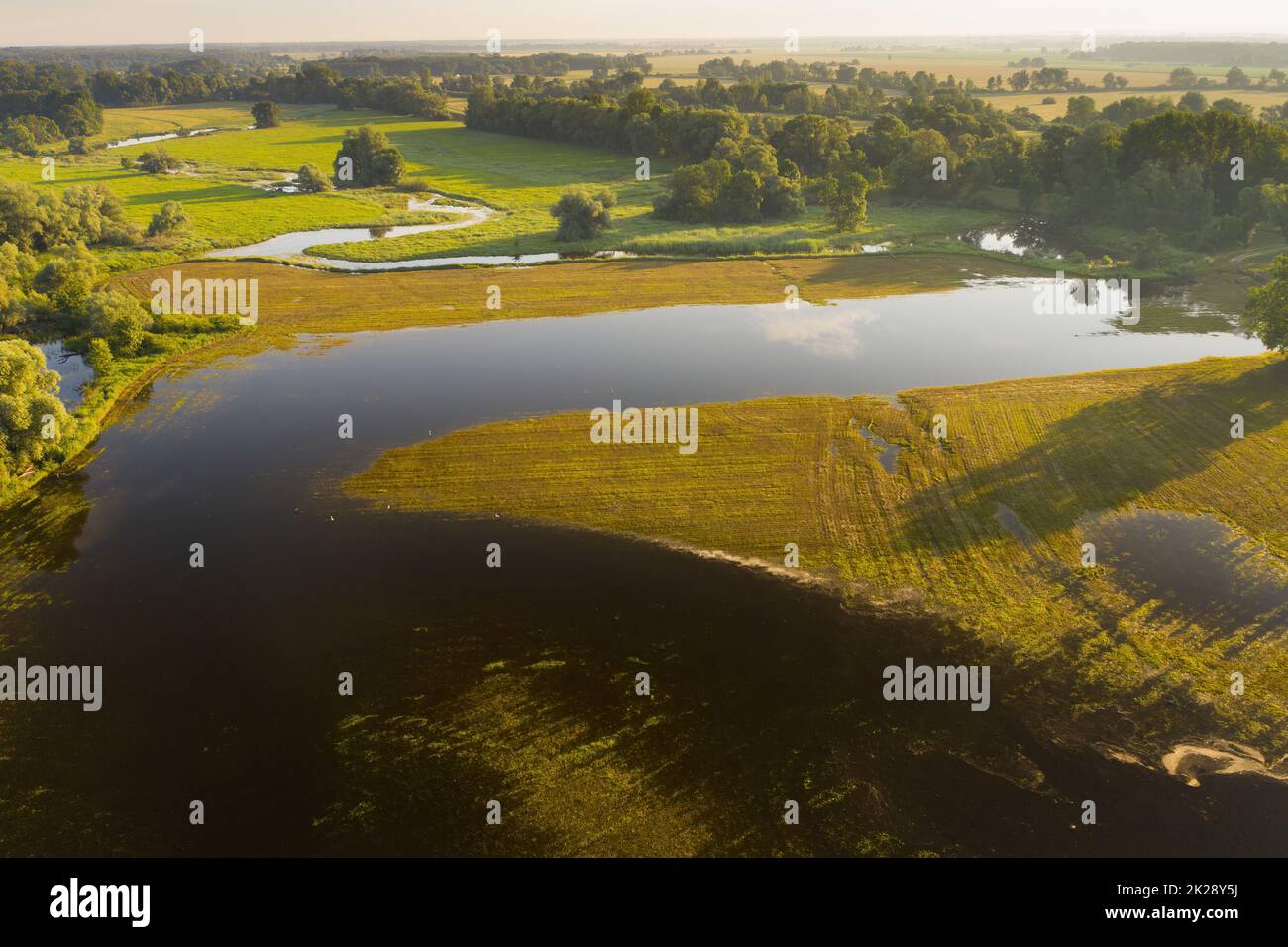 Water flowing from a curved river to a flooded meadow in summer nature ...