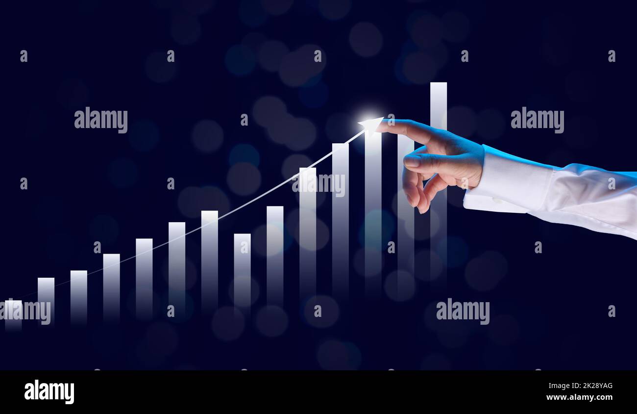 holographic graph with growing indicators and a woman's hand. Business ...