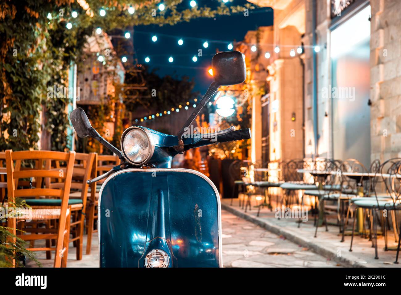 Vintage scooter parked at the narrow street in Old Ton of Limassol ...