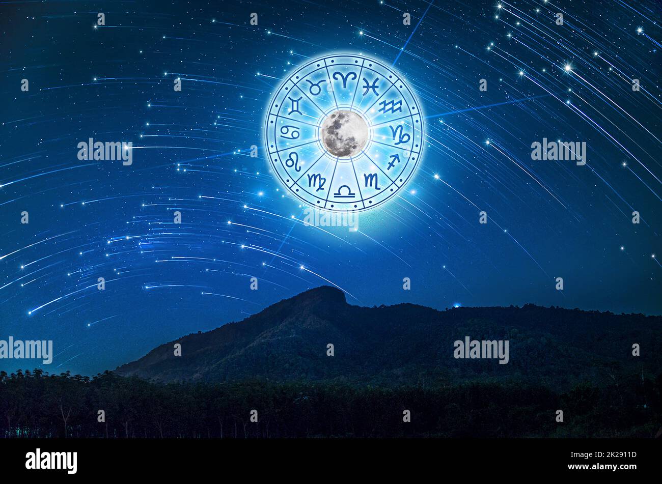 Zodiac signs inside of horoscope circle. Astrology in the sky with many ...