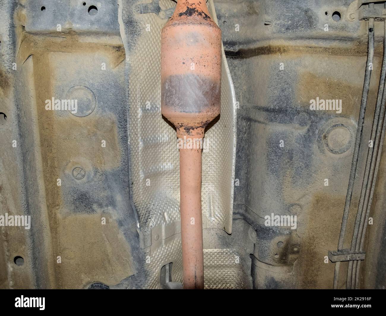 Muffler of the car view from below. Exhaust system Stock Photo - Alamy