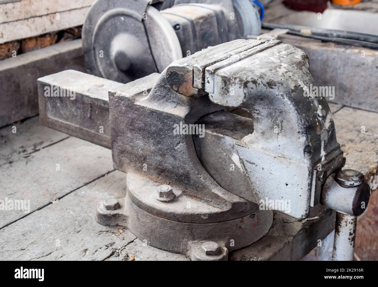 Vices on the bench. Ordinary vise. Equipment in the workshop Stock ...
