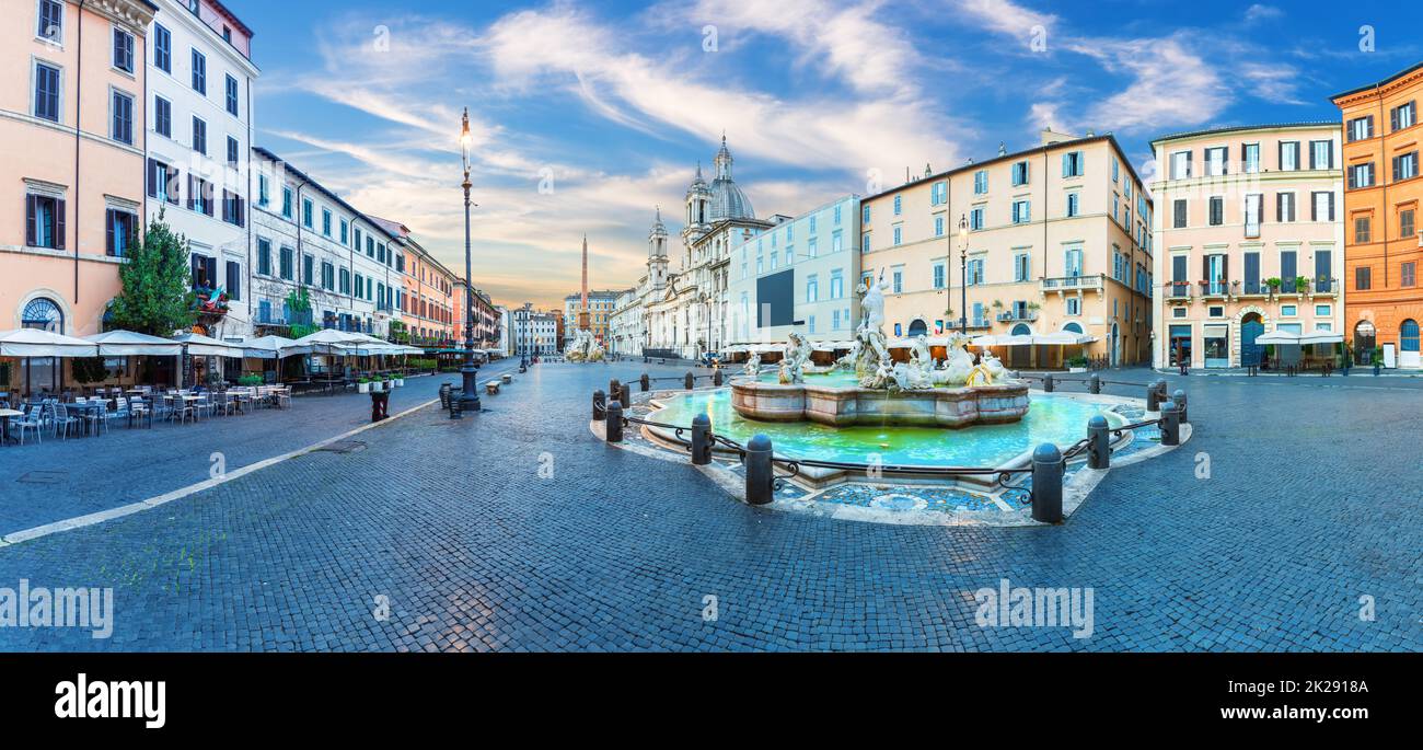 Fountain of Neptune in Piazza Navona at sunrise, full panorama, Rome ...