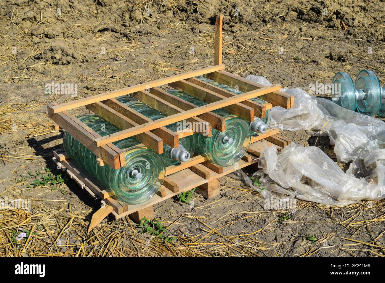 High-voltage insulators of glass insulators. Installation of high ...