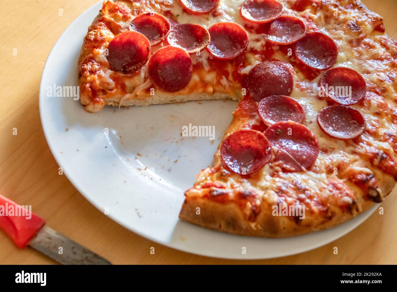 Delicious salami pizza in close-up macro view with cheese and tomato ...