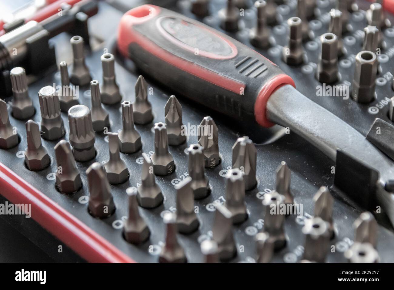 Screwdriver bits in toolbox as assorted screwing toolkit organizer with ...