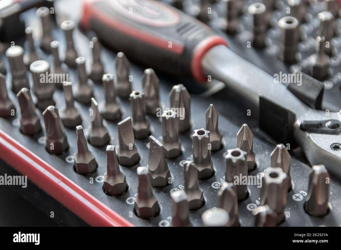 Screwdriver bits in toolbox as assorted screwing toolkit organizer with ...