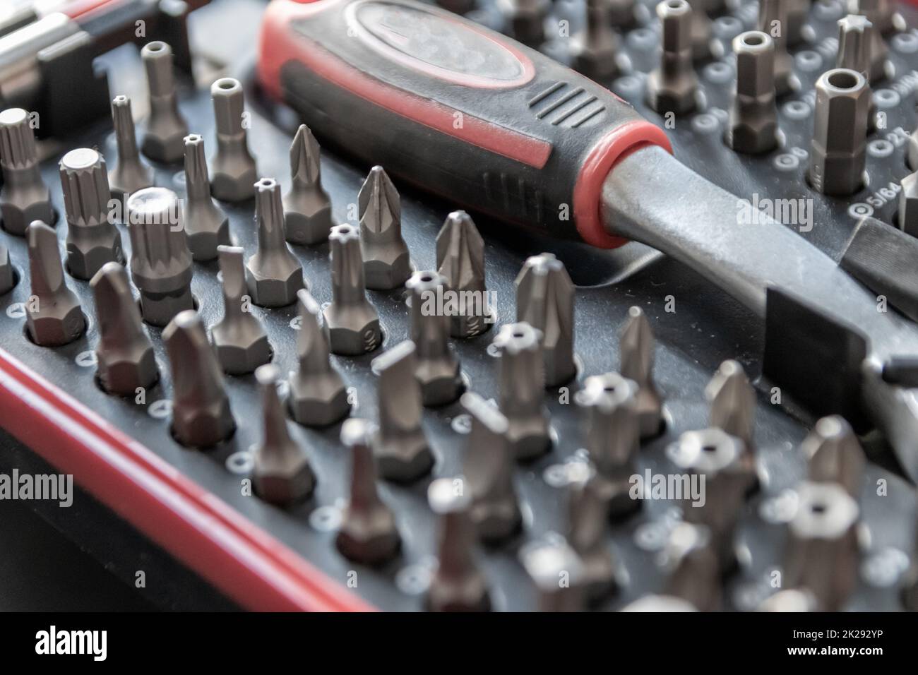 Screwdriver bits in toolbox as assorted screwing toolkit organizer with ...