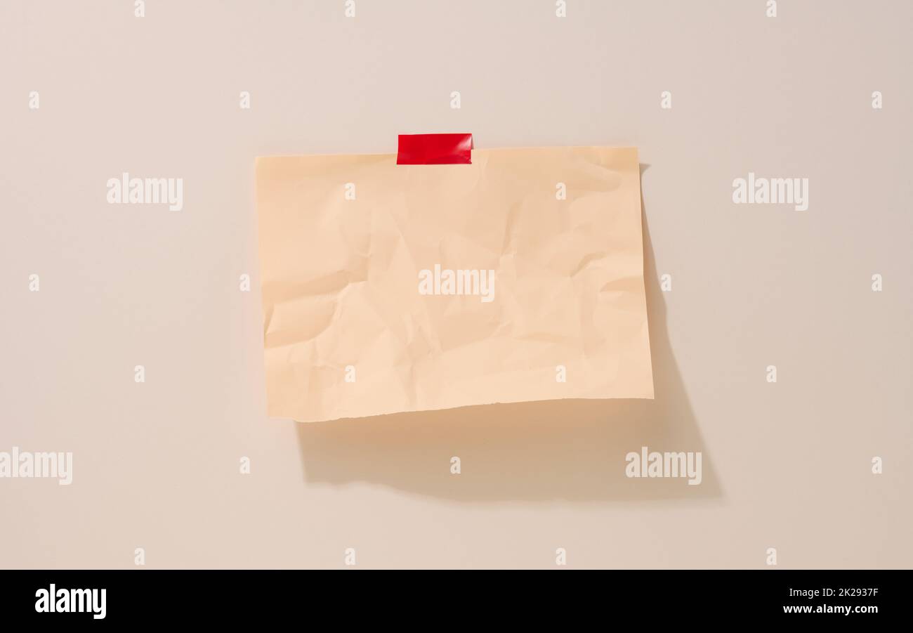 blank rectangular crumpled beige sheet of paper glued on a light beige ...