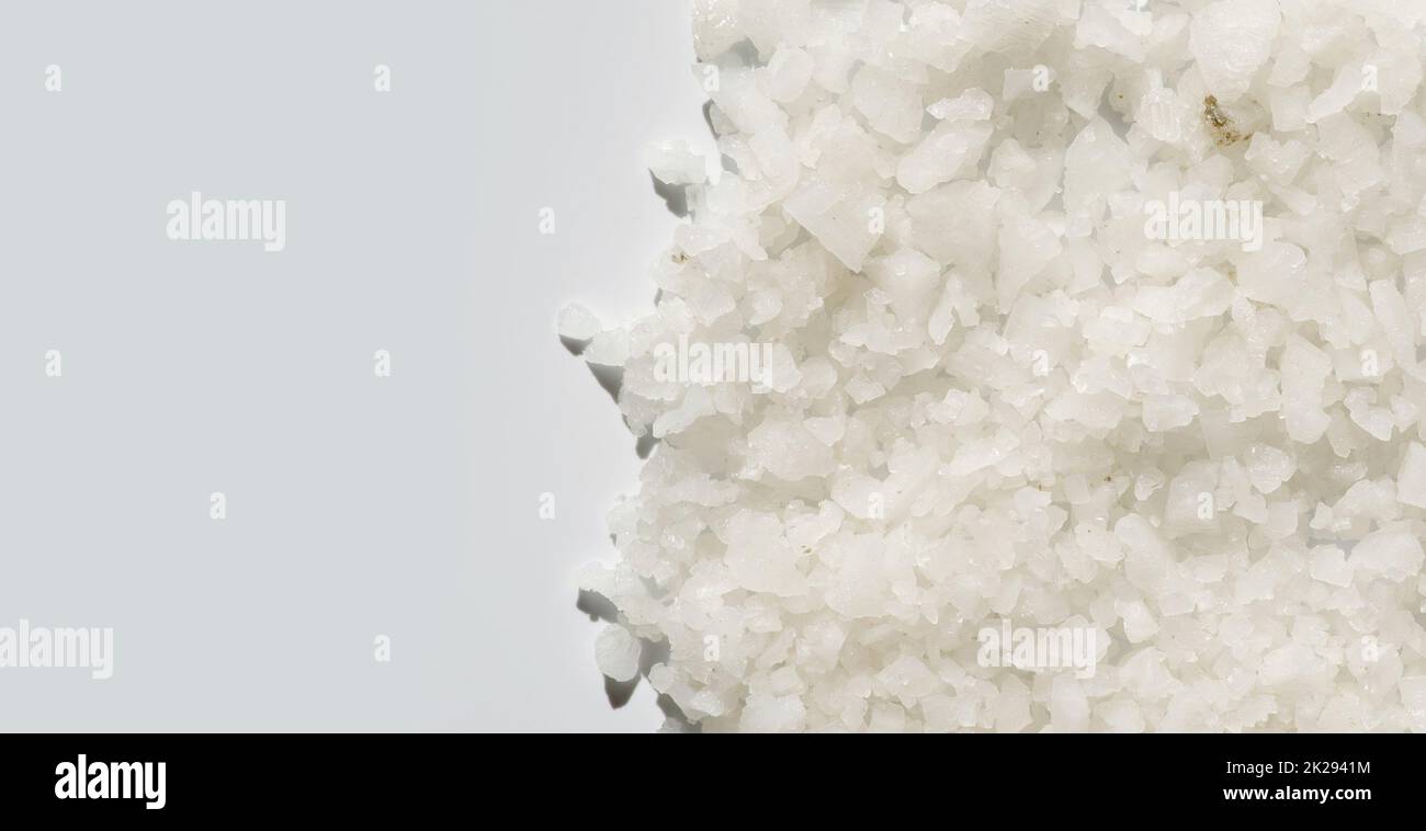 Flake salt on white laboratory table. Food ingredient background Stock ...