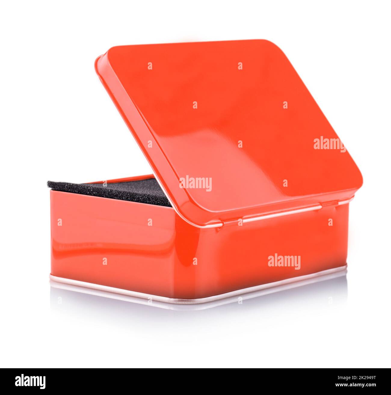 Opened Empty red metal box close-up isolated on white background Stock ...
