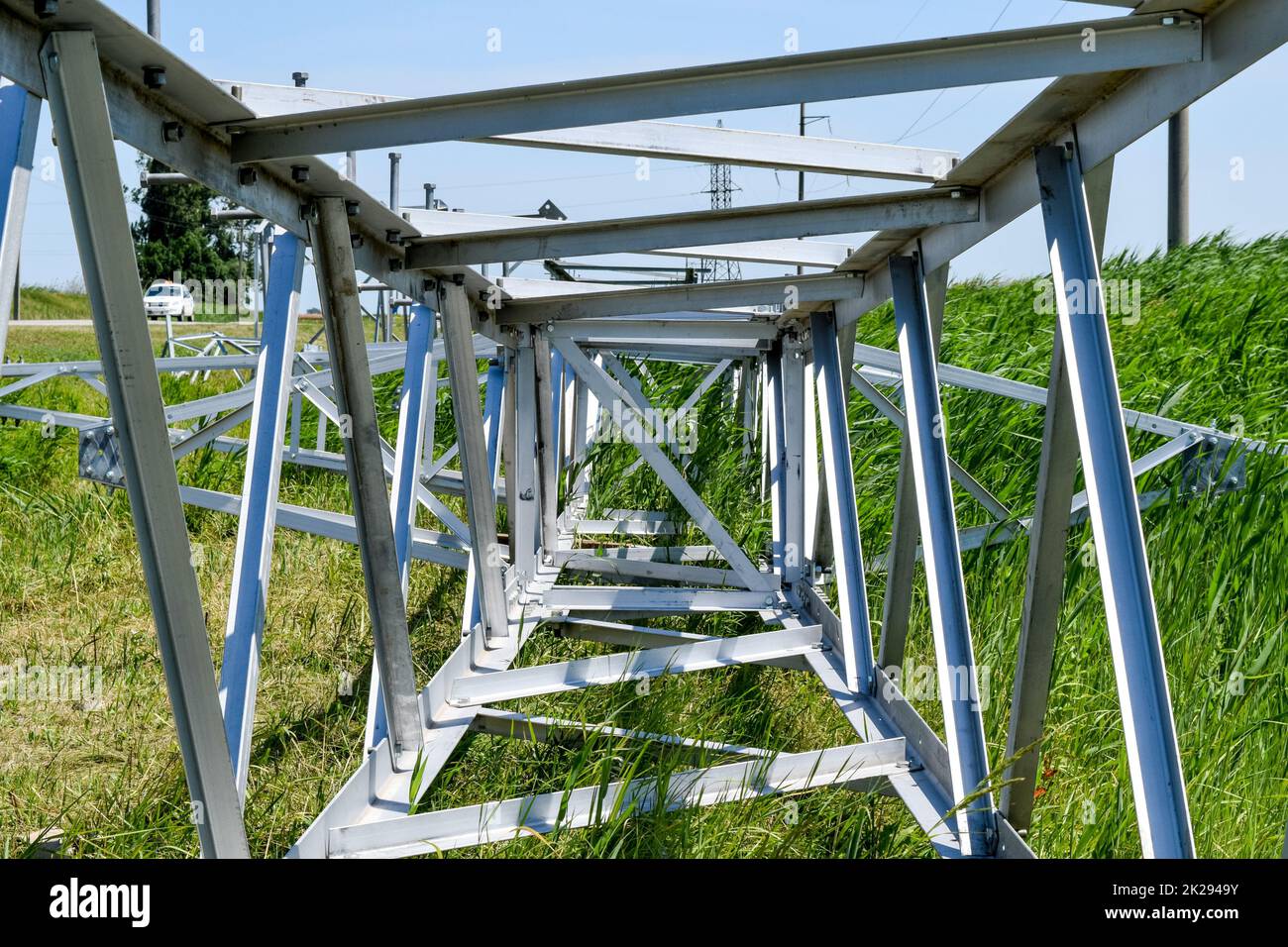 Assembly and installation of new support of a power line Stock Photo ...