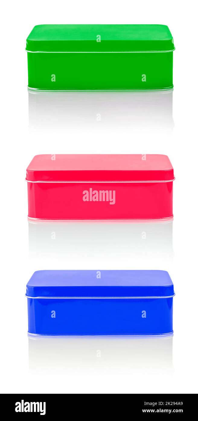 Closed Empty colored metal box close-up isolated on white background ...