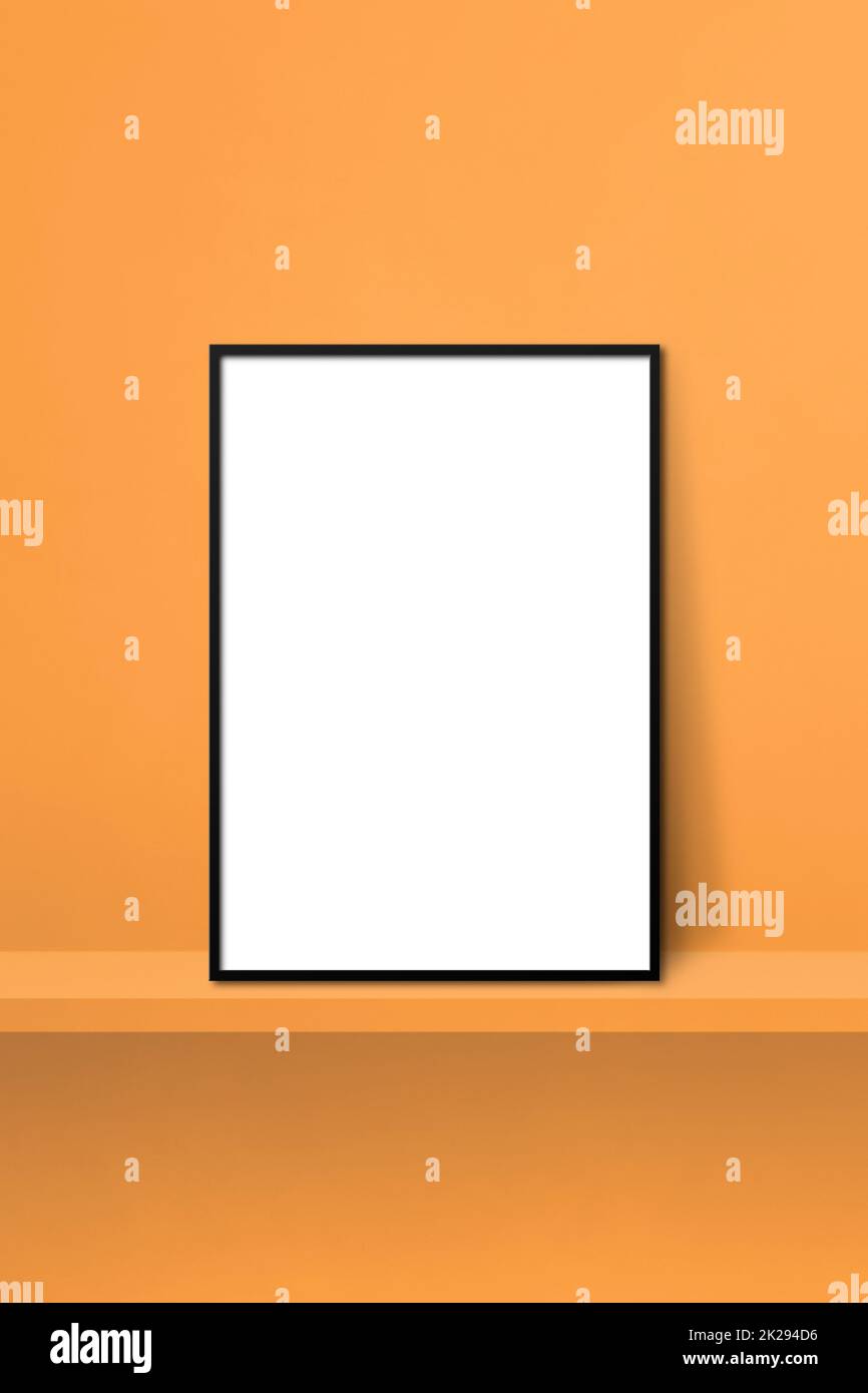 Black picture frame leaning on orange shelf. 3d illustration. Vertical ...