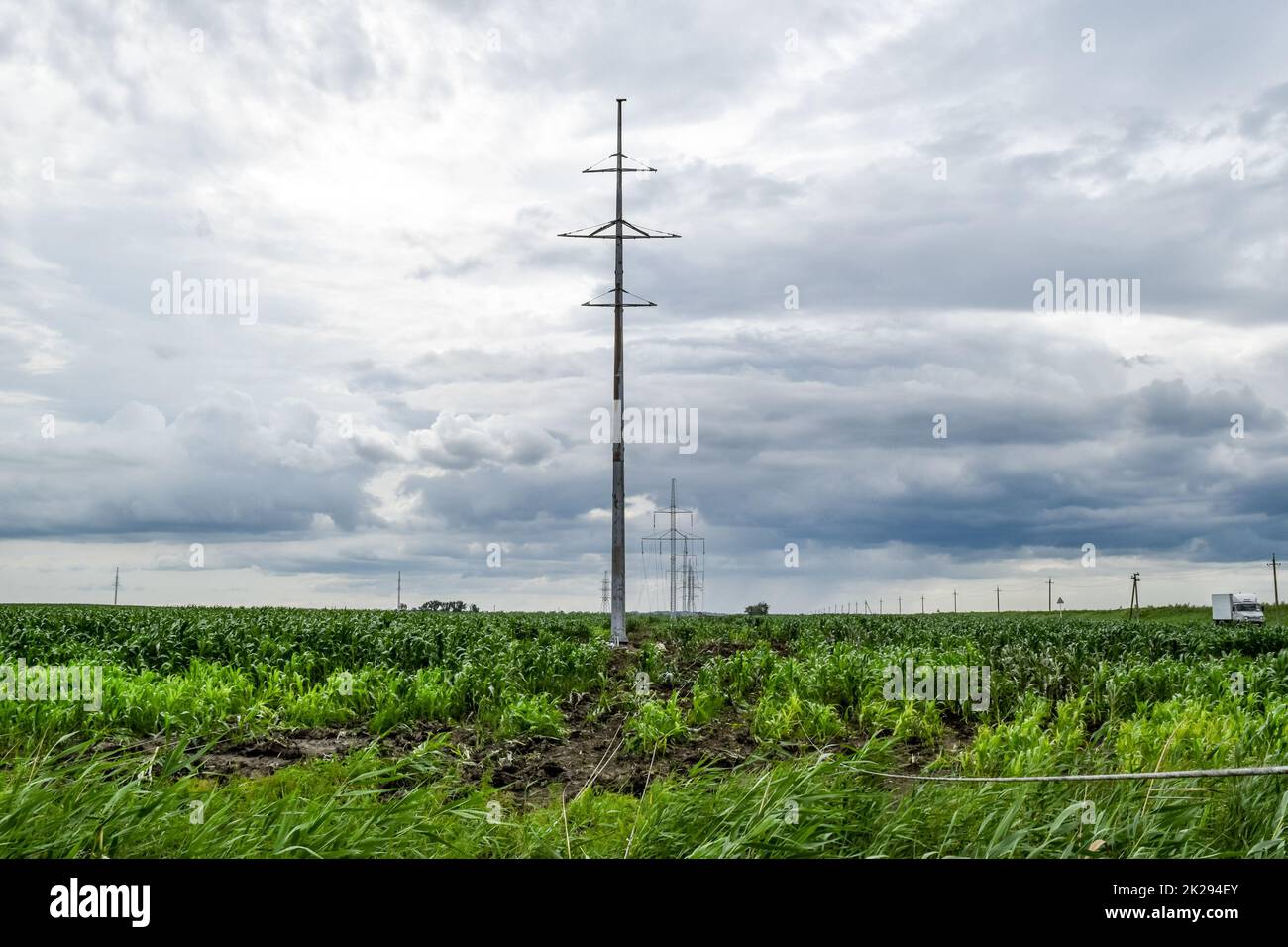 Assembly and installation of new support of a power line Stock Photo ...