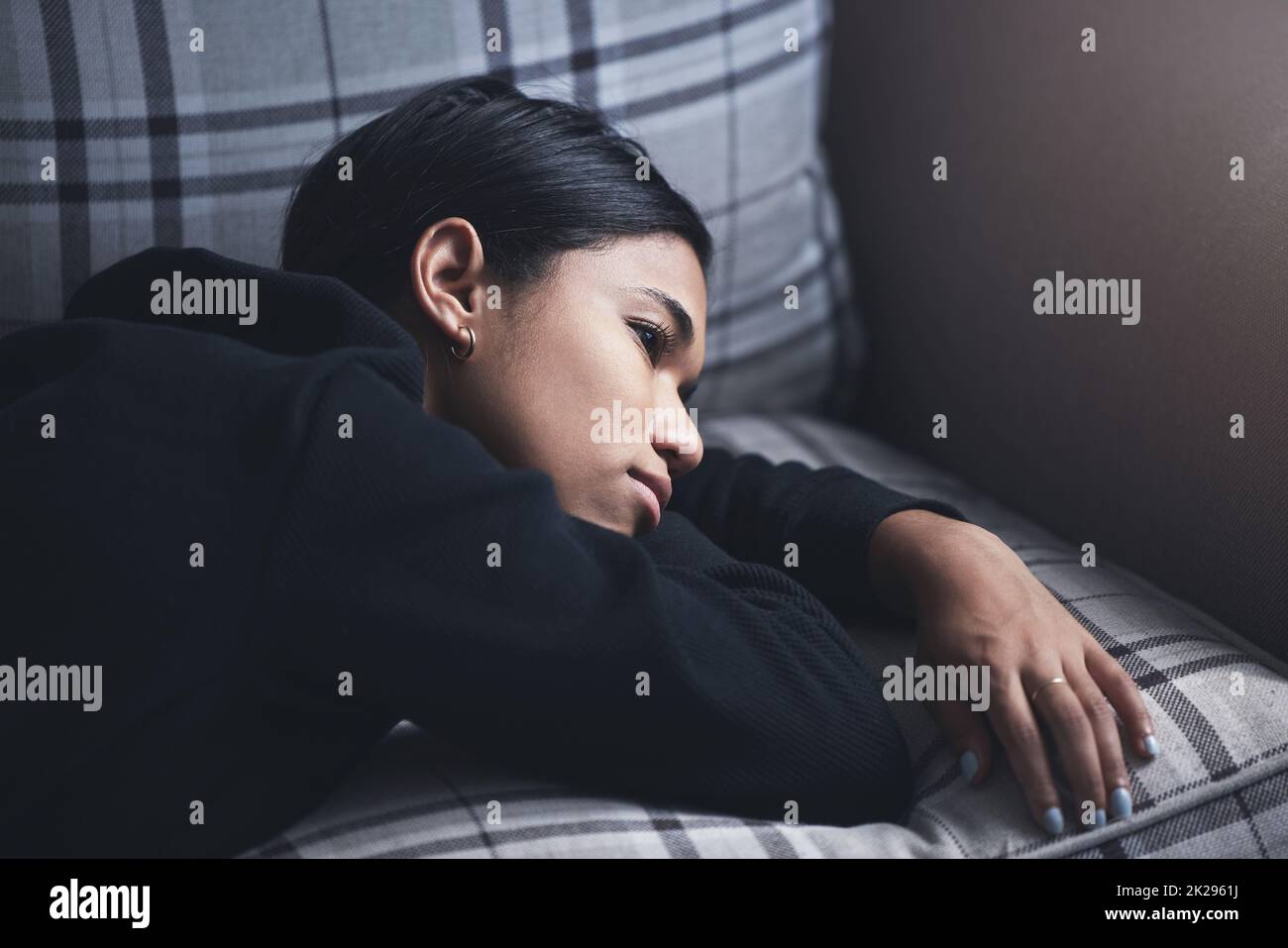 Depression, mental health and woman thinking about a sad memory feeling ...