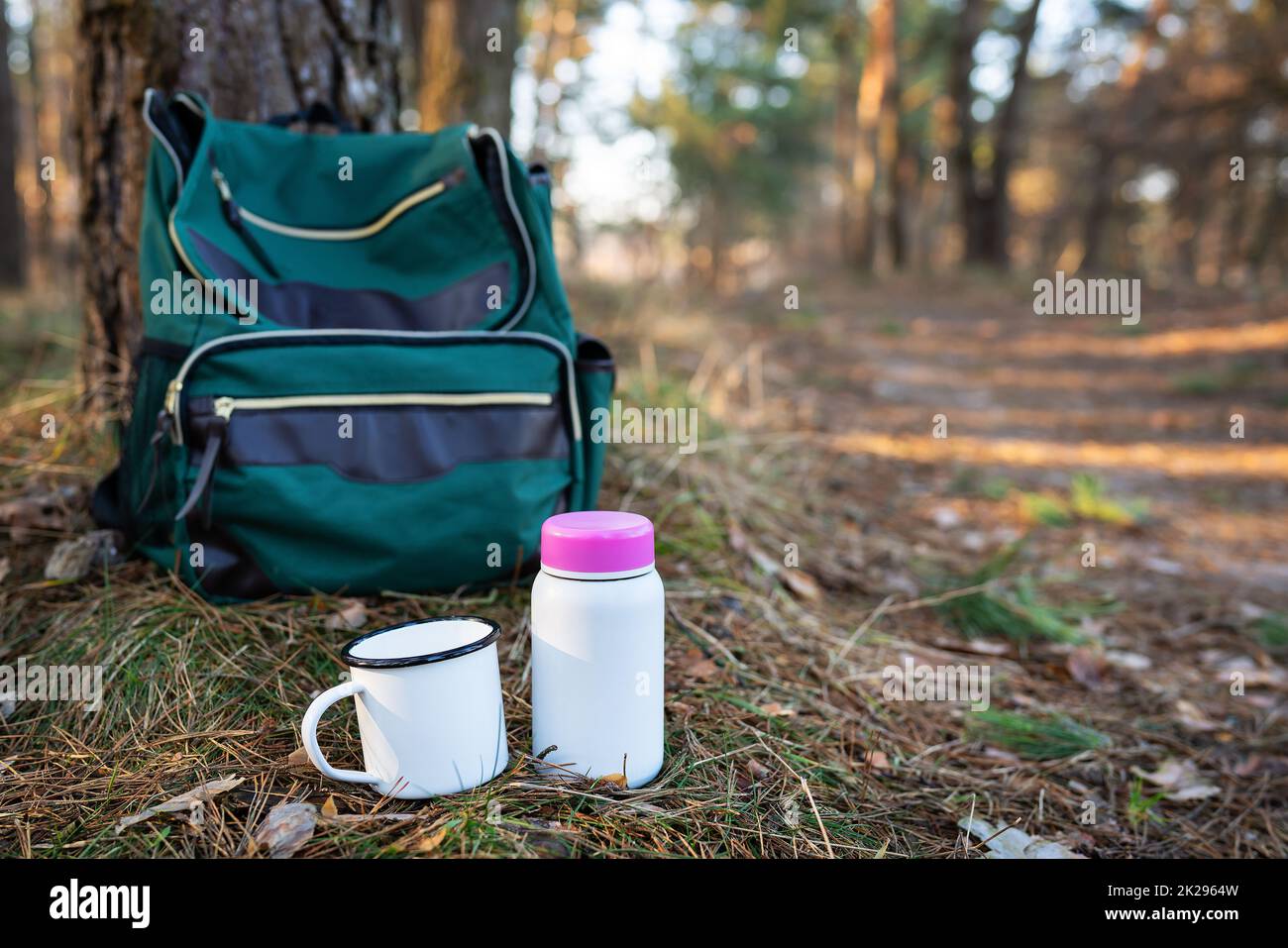 Trekking, hiking. A backpack with a thermos and a cup stands near a ...