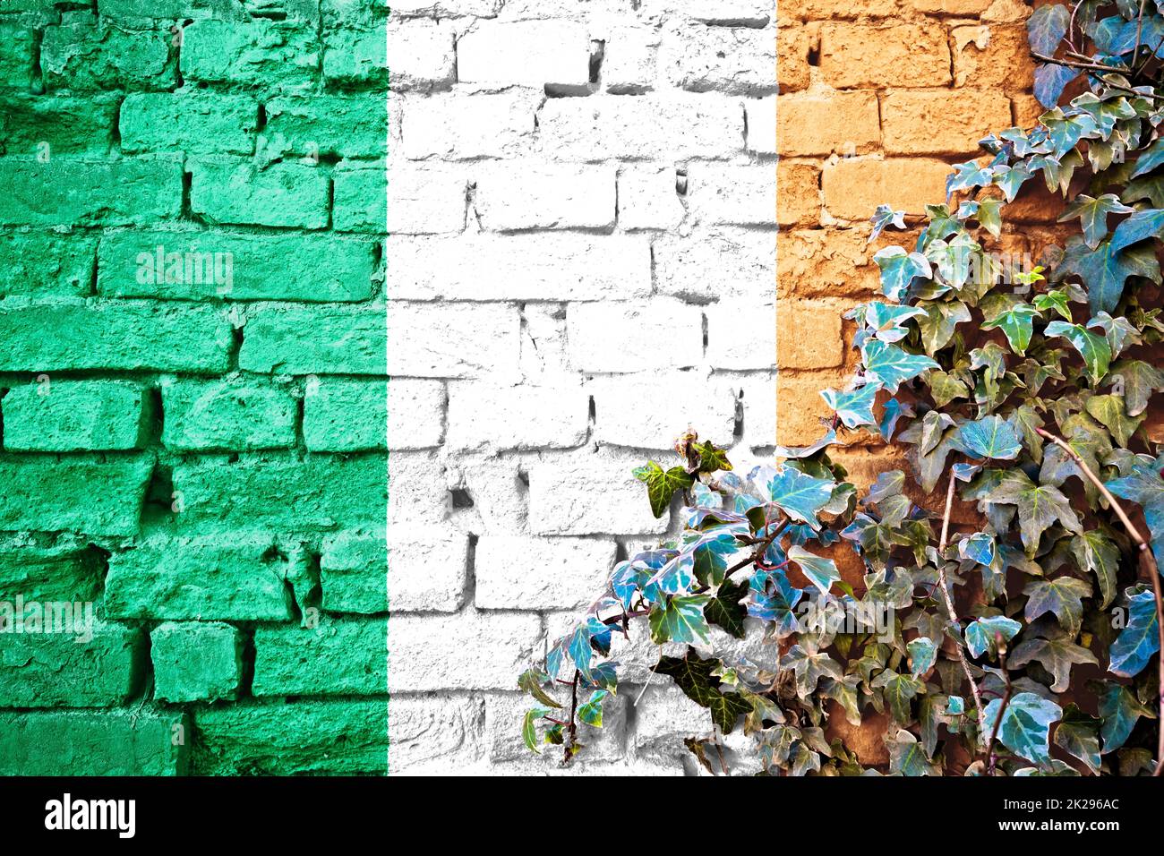 Irish grunge flag on brick wall with ivy plant Stock Photo - Alamy