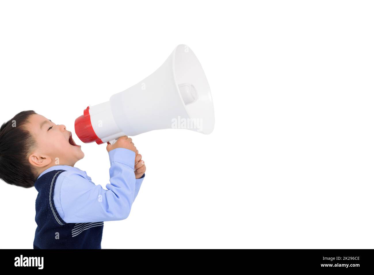Happy little boy scream in megaphone Stock Photo - Alamy