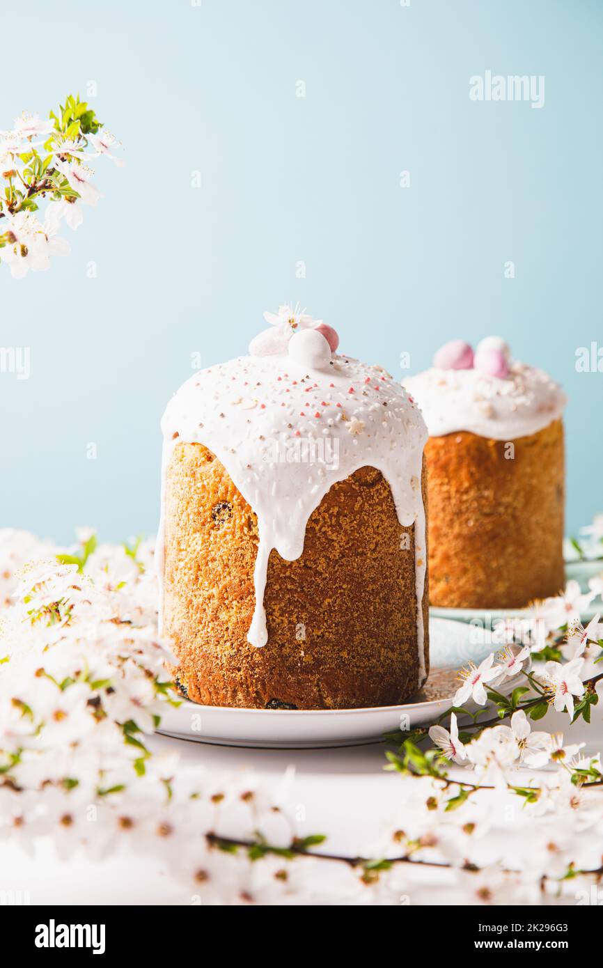 Easter cake with glace icing and decoration. Postcard with Easter bread ...