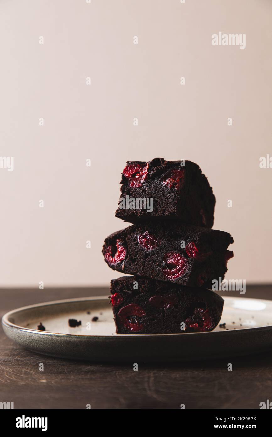 brownie with cherry. A stack of chocolate brownies, homemade bakery and ...